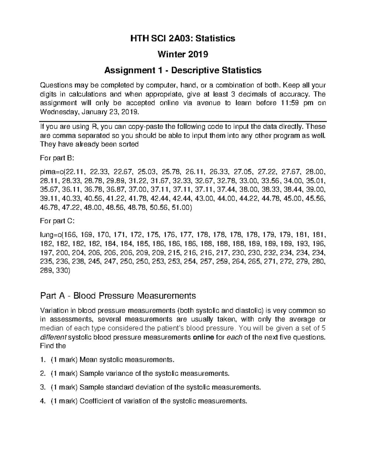Assignment 1 (HTHSCI 2A03) - HTH SCI 2A03: Statistics Winter 2019 ...
