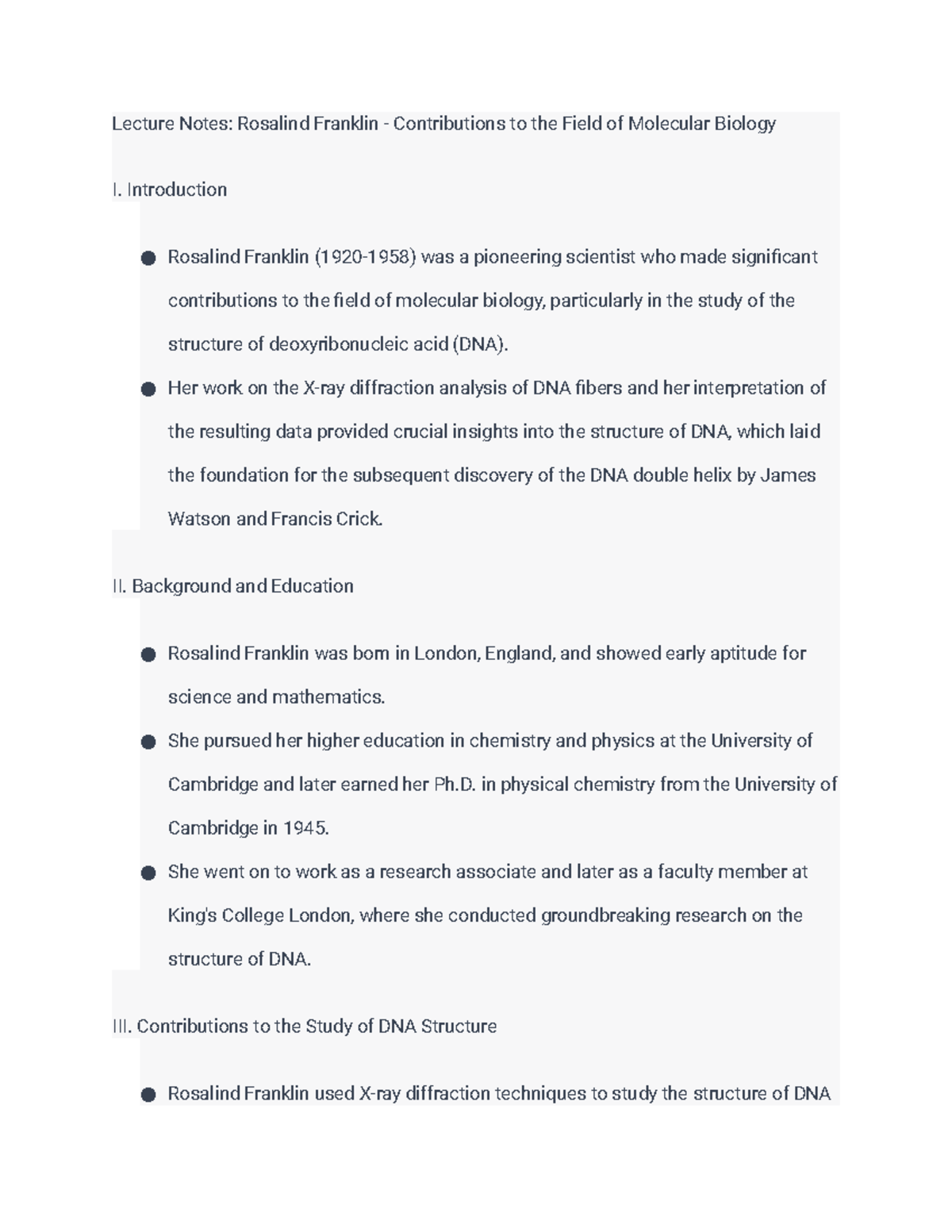 Lecture Notes on Rosalind Franklin's Contributions to Molecular Biology ...