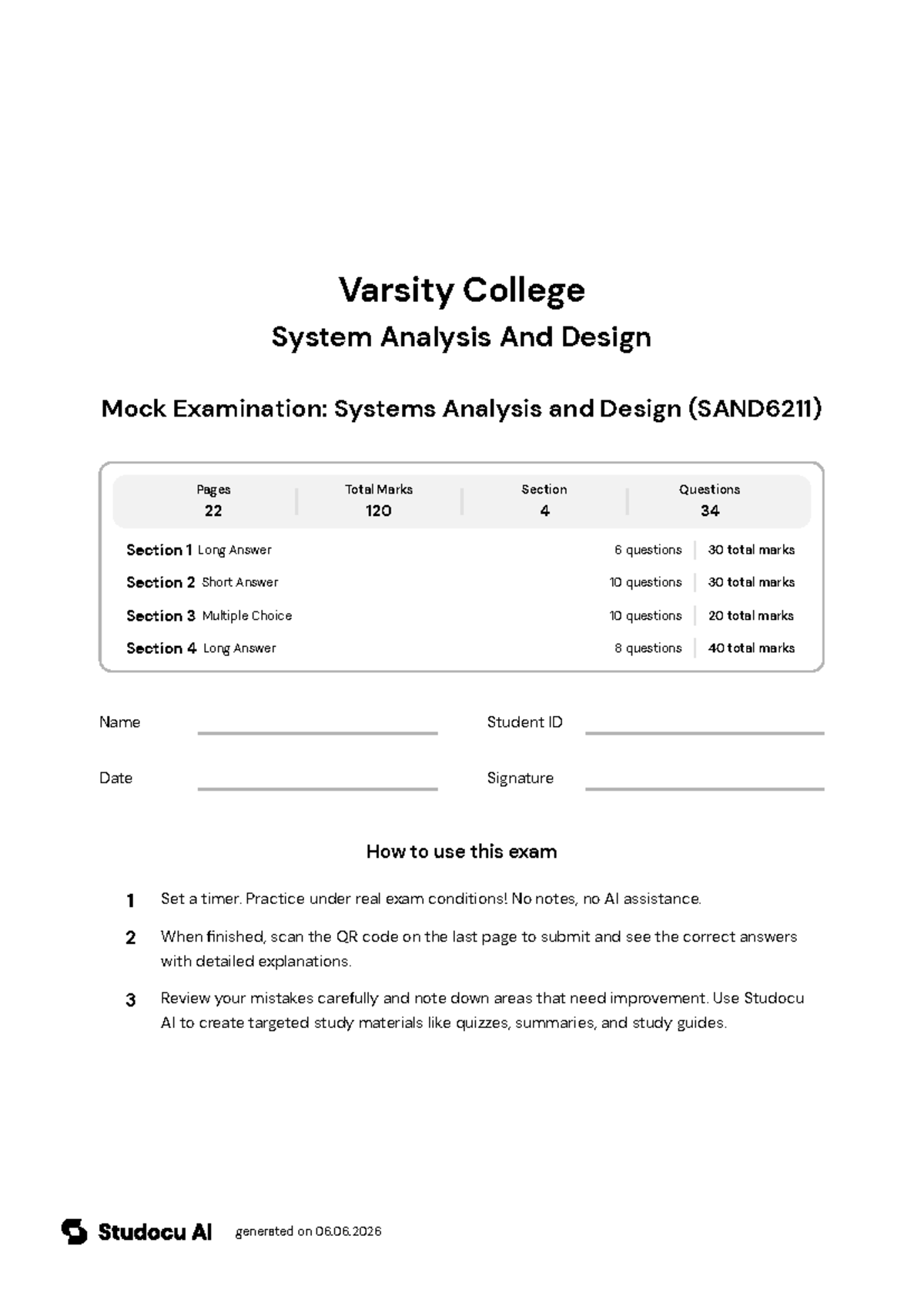 Mock Examination: Systems Analysis and Design (SAND6211) - Studocu