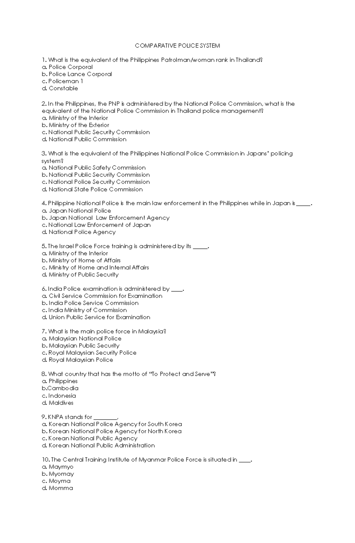 Comparative Police System: Ranks and Structures Across Countries - Studocu