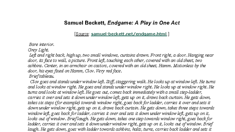 Samuel Beckett's Endgame: A One-Act Play Analysis (ENG 101) - Studocu