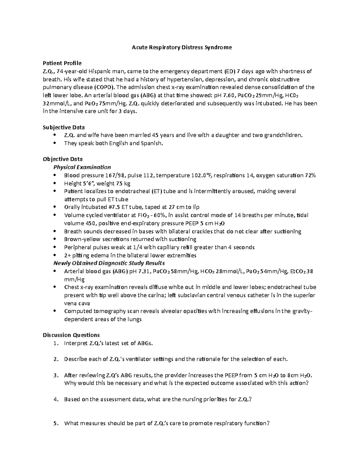 Acute Respiratory Distress Syndrome Case Study: Patient Z. Overview ...