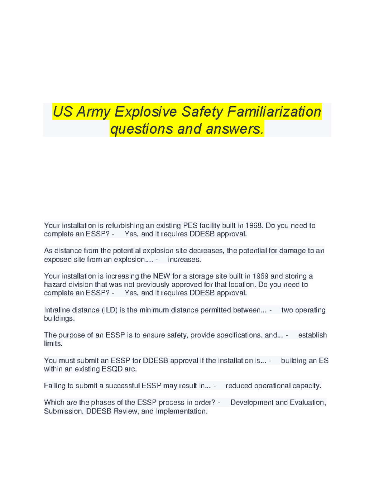 US Army Explosive Safety Familiarization Q&A (ESSP Guidelines) - Studocu