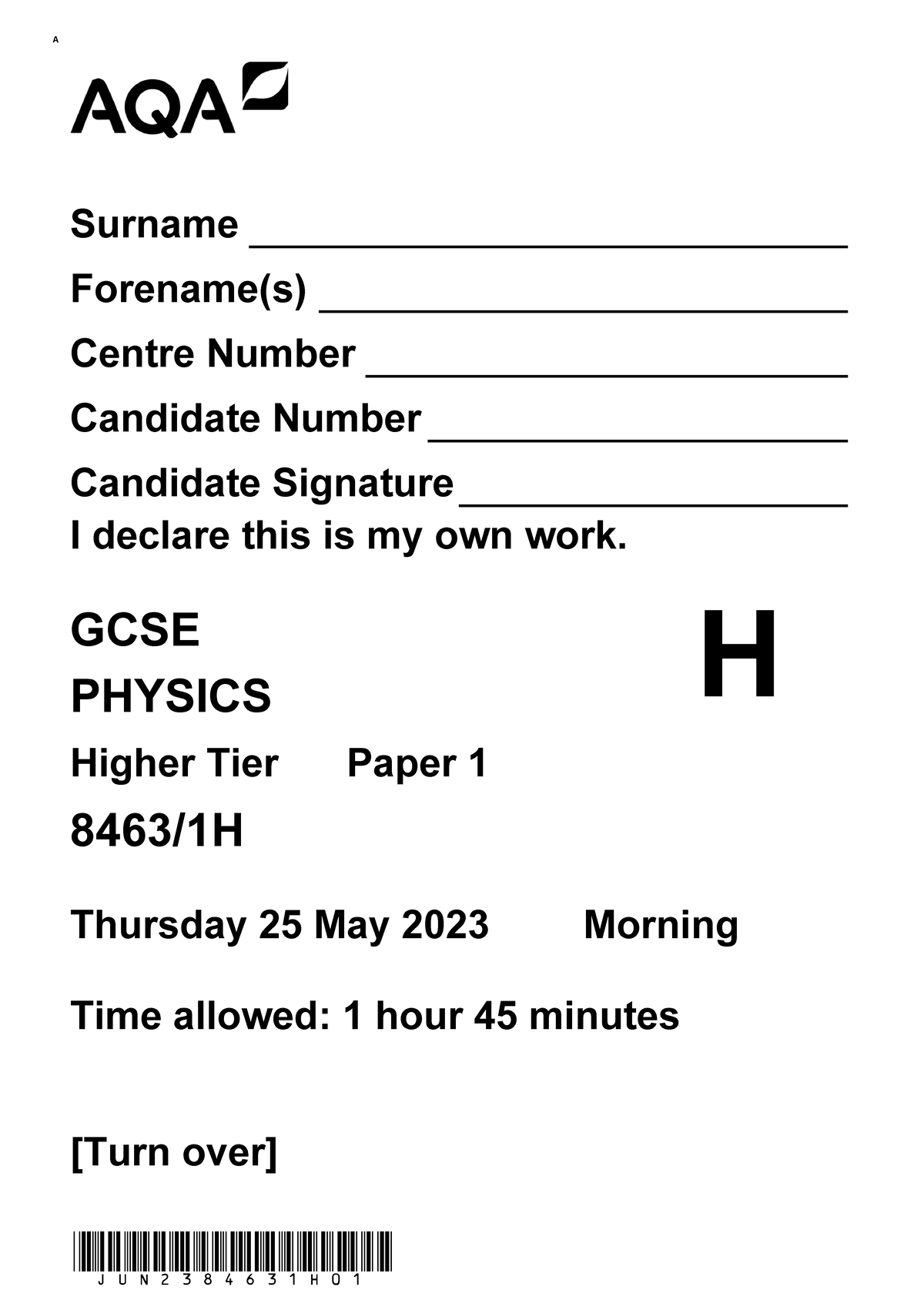 AQA 84631 H GCSE Physics Higher Tier Paper 1 Exam May 2023 - Studocu