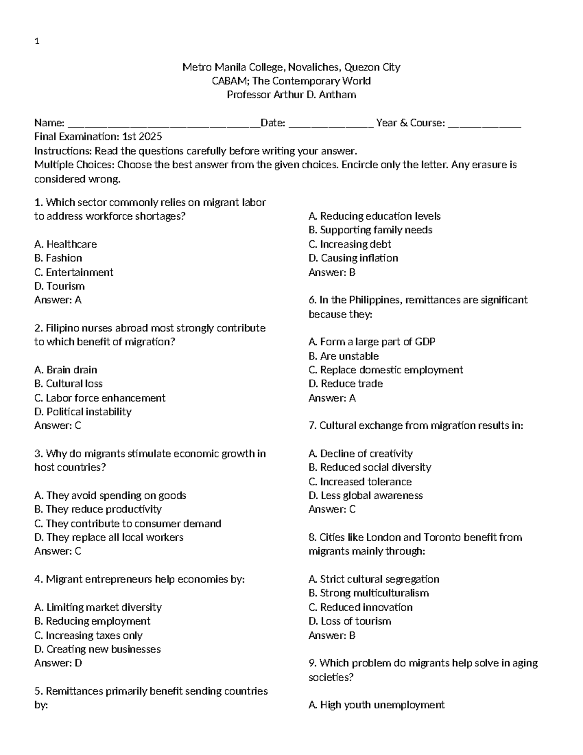 Contemporary World 1st Sem Final Exam Key - 1 Metro Manila College ...