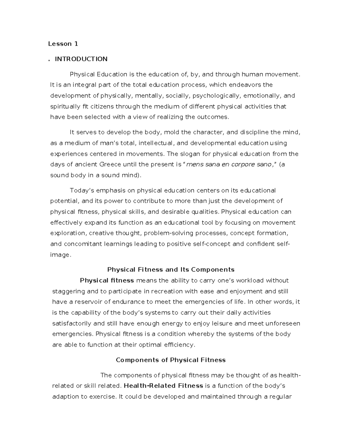 Lesson 1 3 Path Fit 1 copy - Lesson 1 . INTRODUCTION Physical Education is the education of, by ...