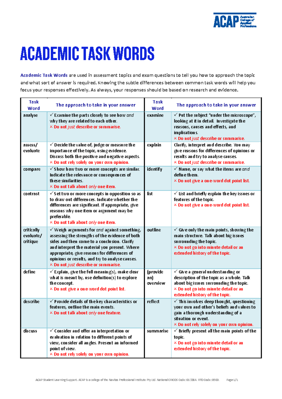 Understanding Academic Task Words for Assessments and Exams - Studocu