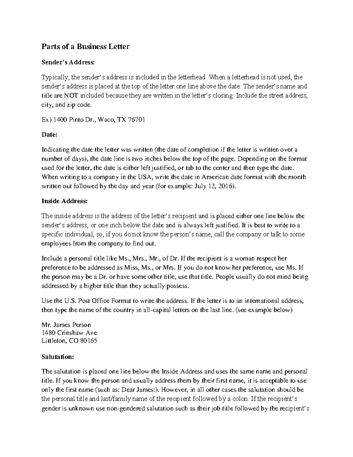 Understanding the Components of a Business Letter - Studocu