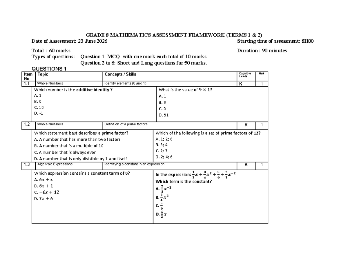 2026 GRADE 8 MATHEMATICS JUNE TEST PREPARATION FRAMEWORK - Studocu