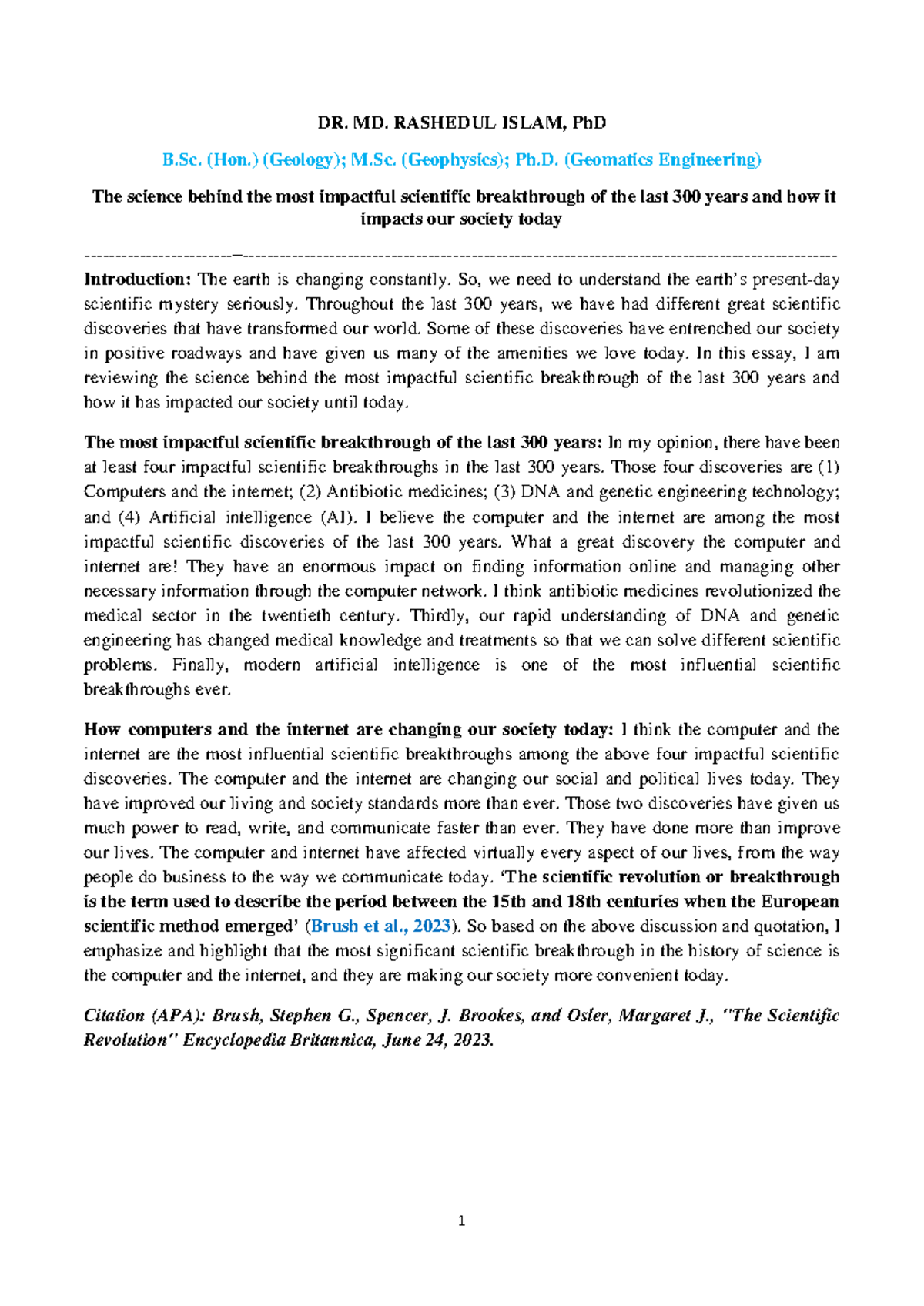 Science essay Dr MD Rashedul Islam - 1 DR. MD. RASHEDUL ISLAM, PhD B ...