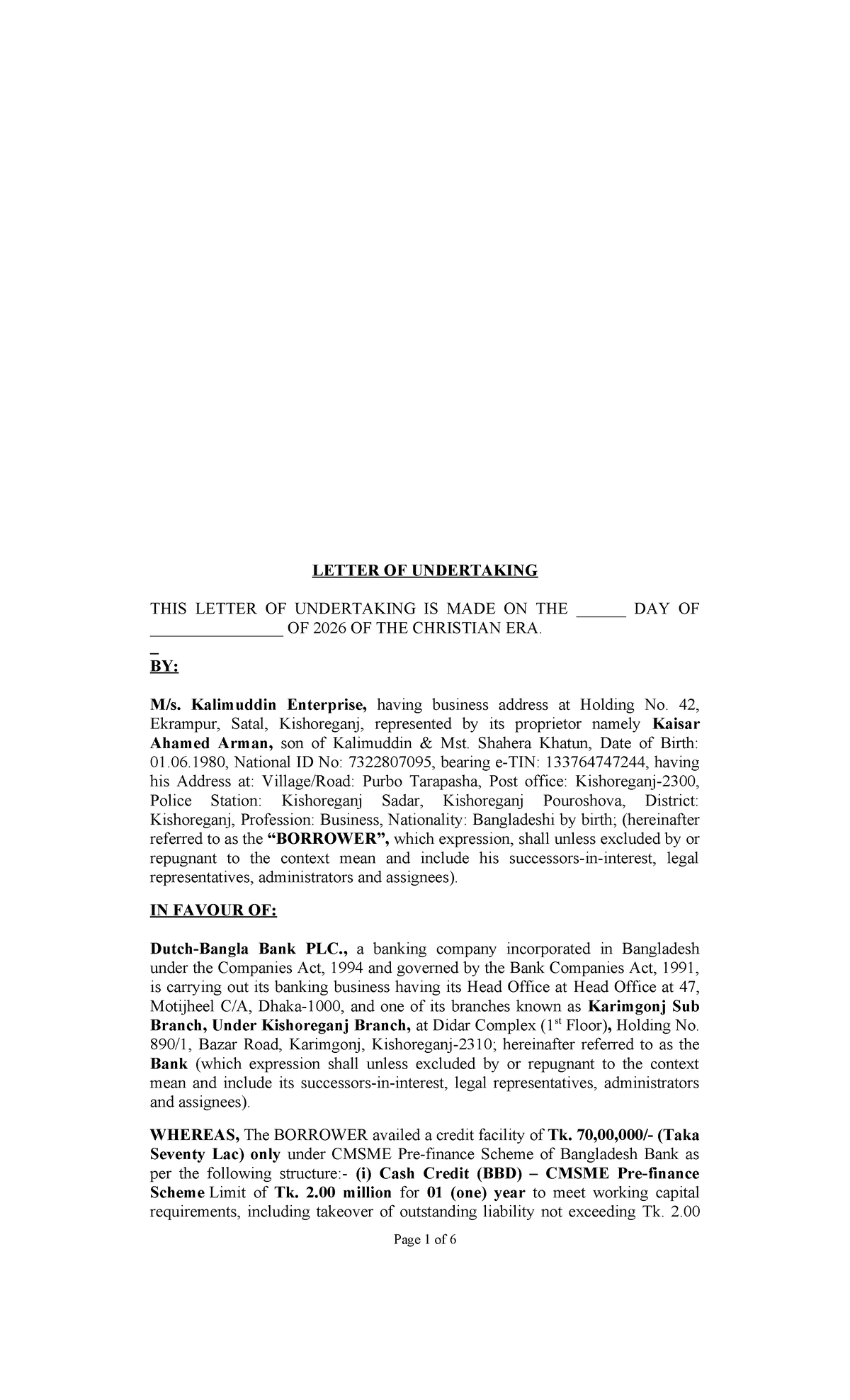 Letter of Undertaking for Kalimuddin Enterprise - Studocu