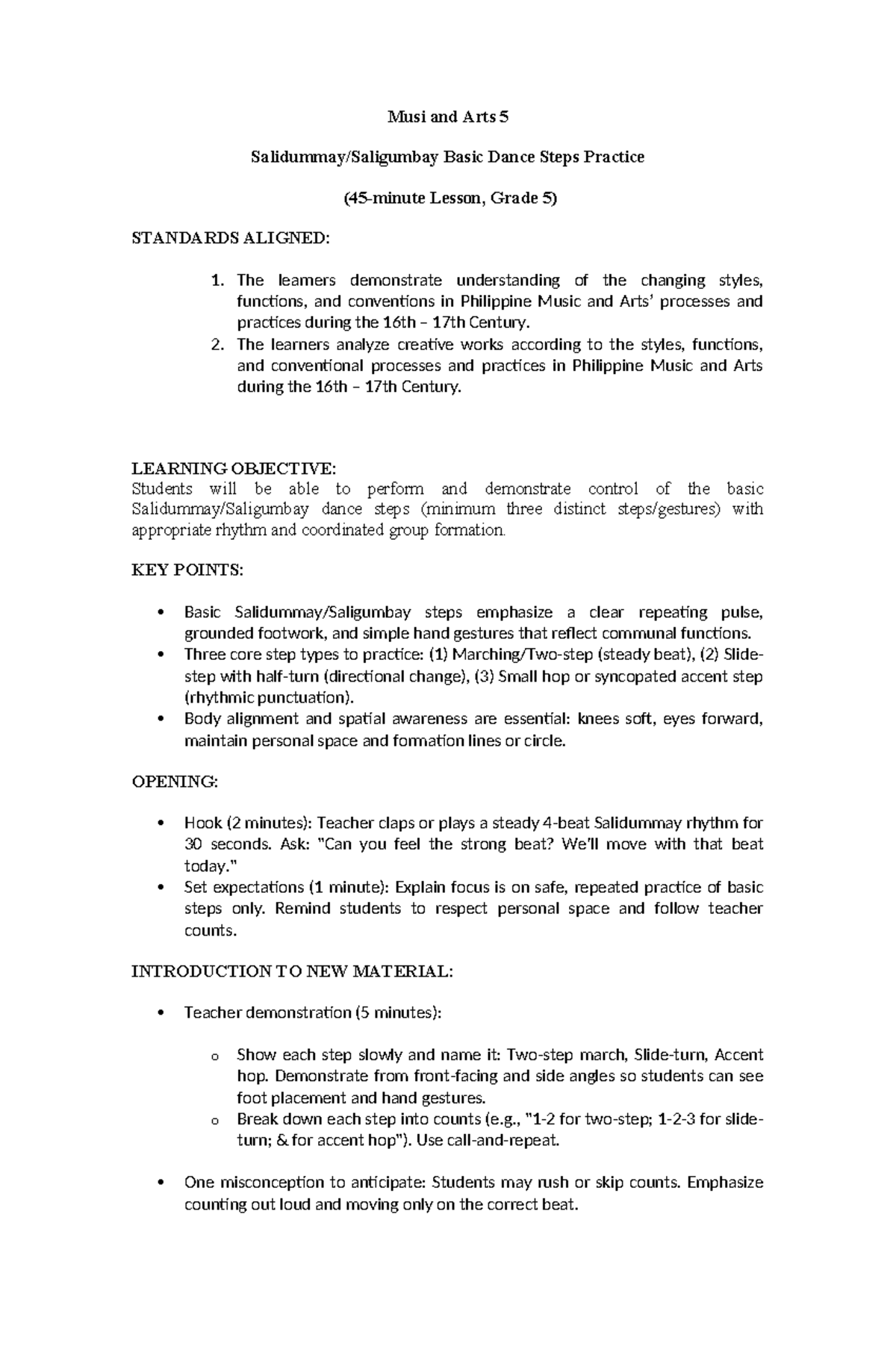 Musi and Arts 5: Basic Dance Steps Practice Lesson Plan - Studocu
