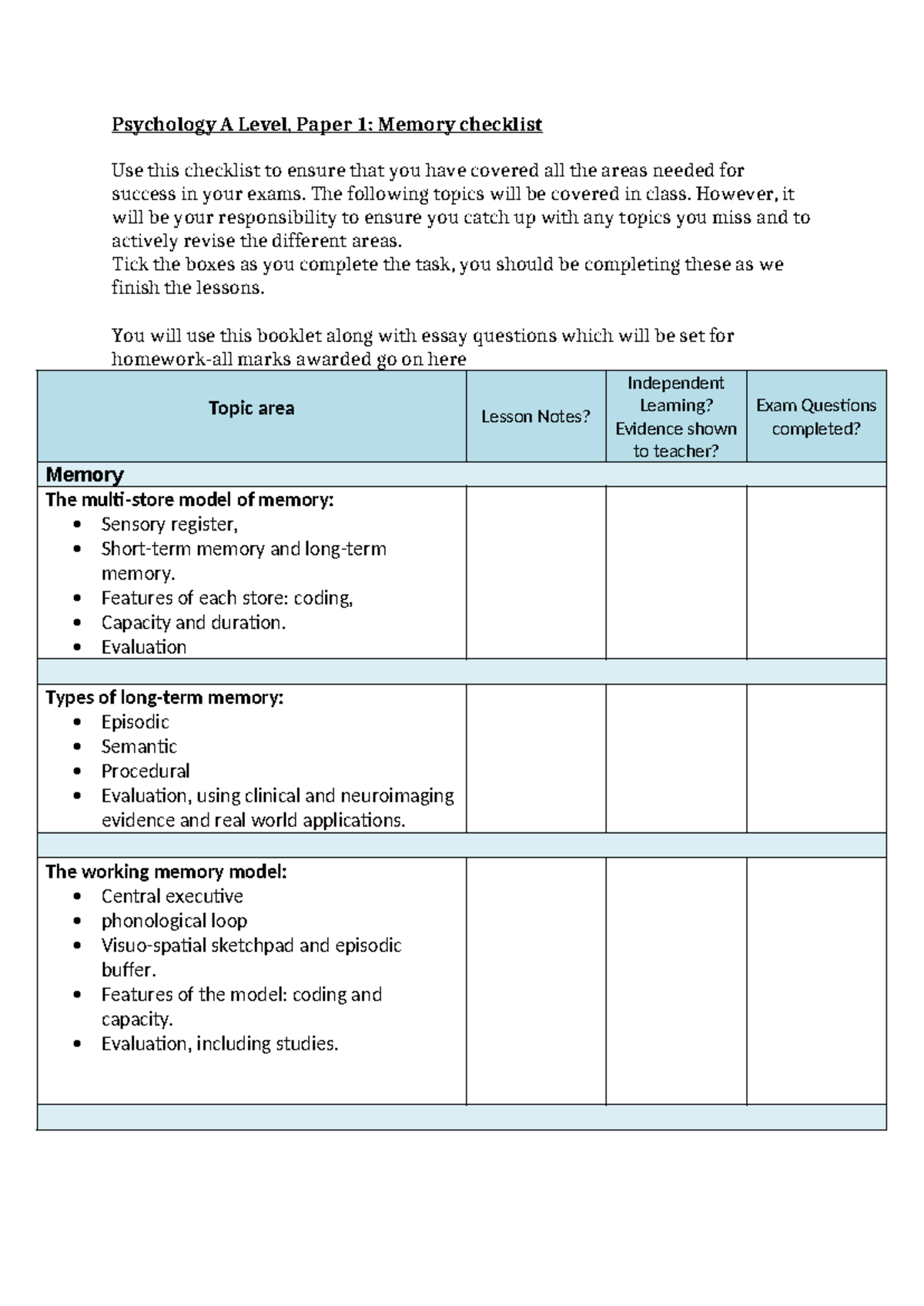 Psychology A Level Checklist for Memory Topics & Exam Prep - Studocu