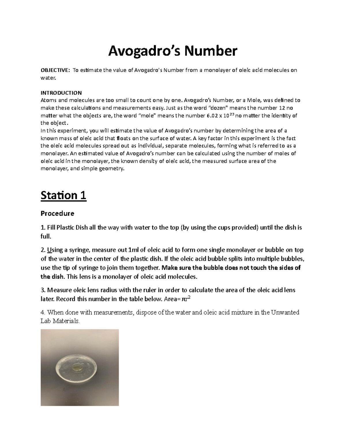 Updated Avogadro's Number Lab: Estimating Mole Value from Oleic Acid ...