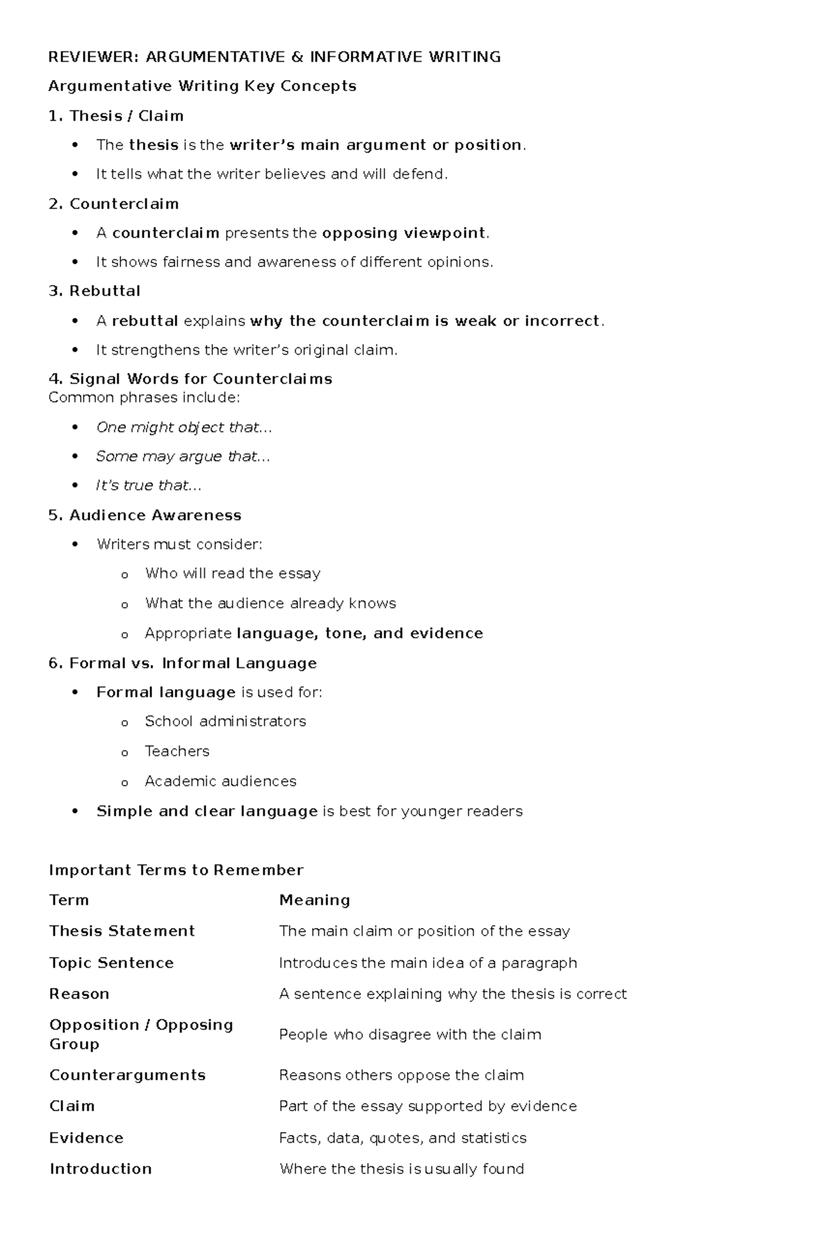 REVIEWER: ARGUMENTATIVE & INFORMATIVE WRITING KEY CONCEPTS - Studocu