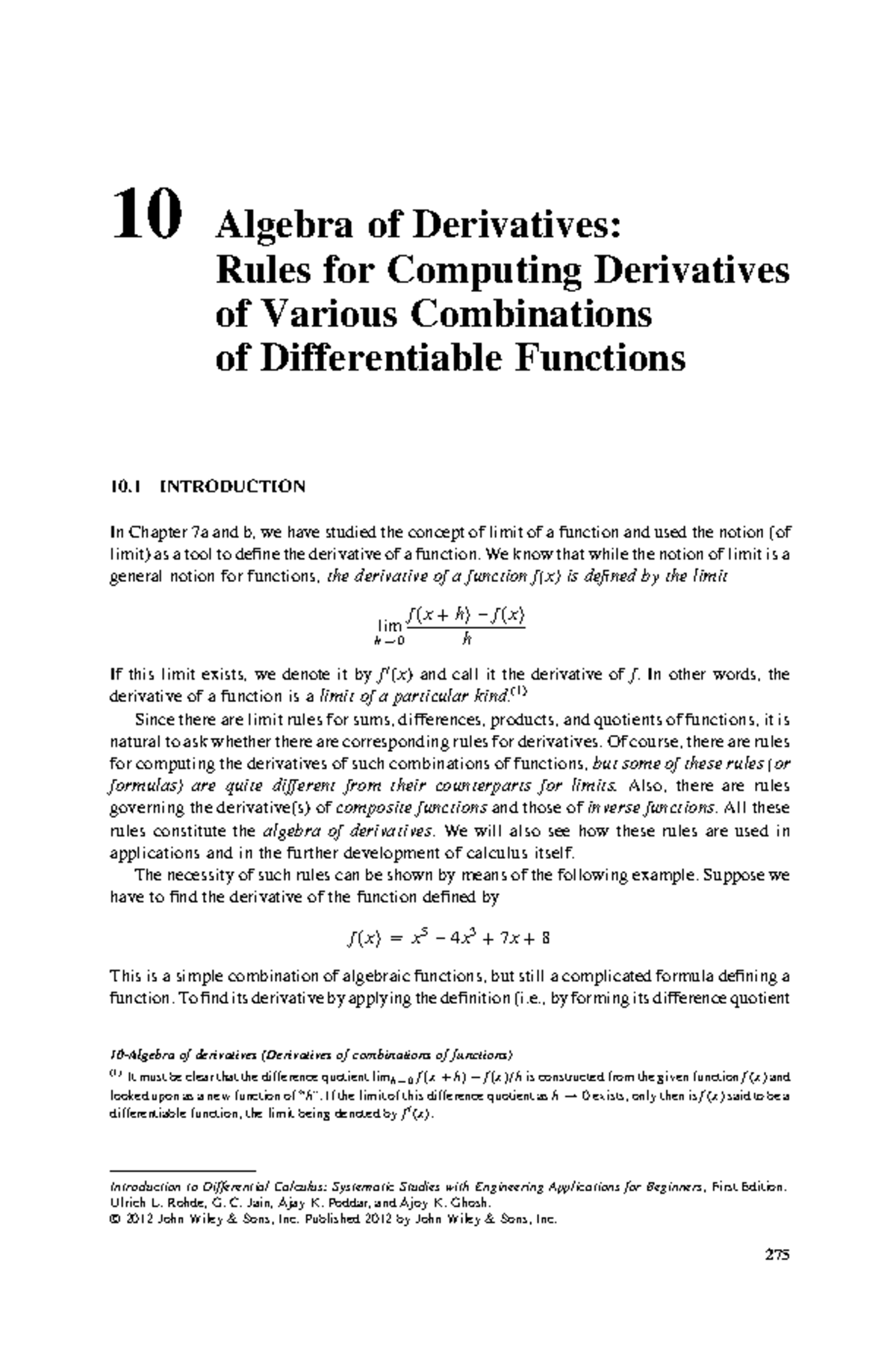 Differential Calculus: Algebra of Derivatives (Chapter 10) - Studocu