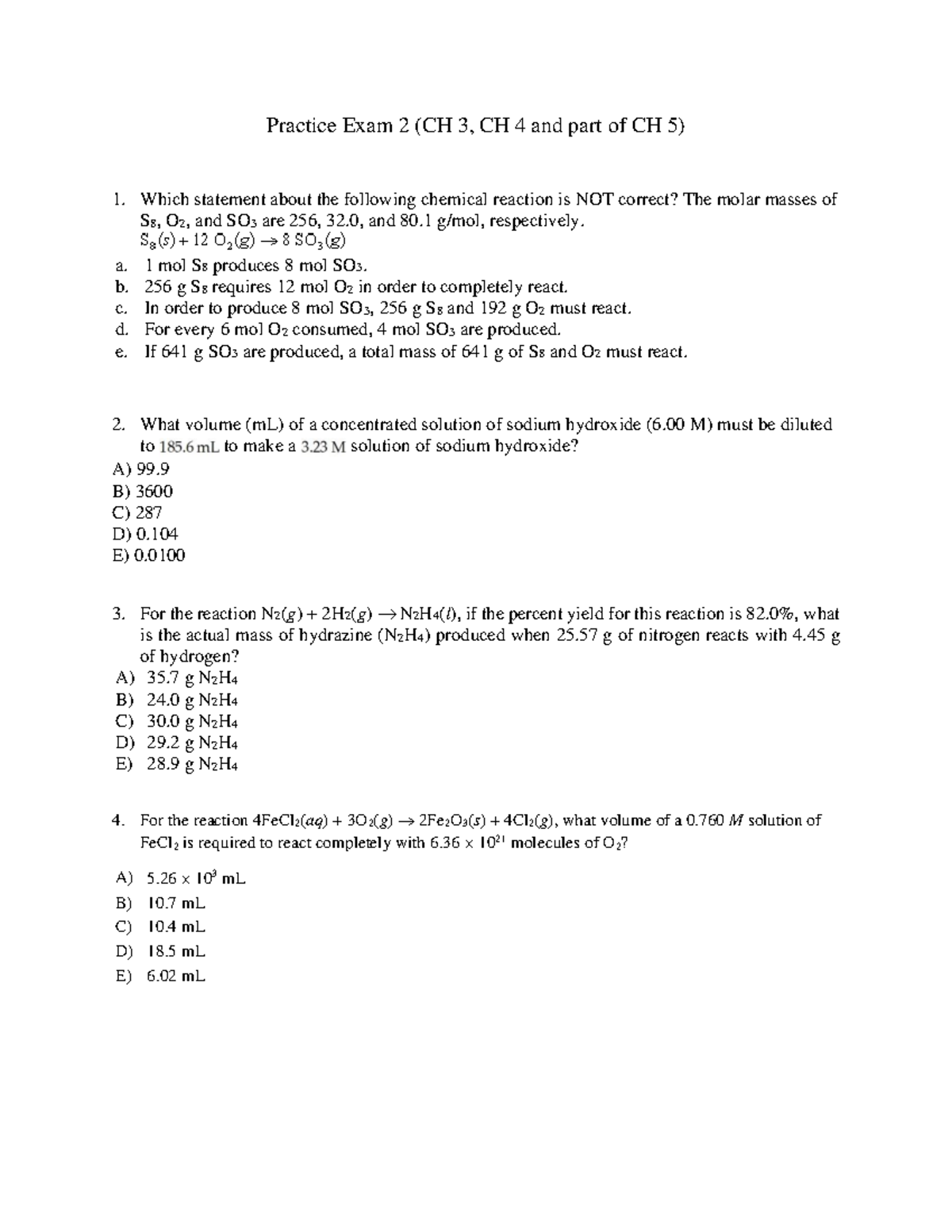 Fall 22 Practice Exam 2: Chemical Reactions & Stoichiometry - Studocu