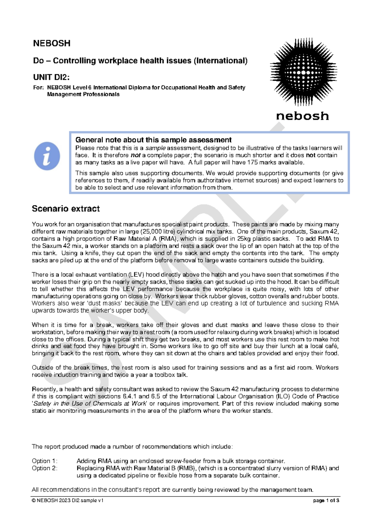 NEBOSH DI2: Sample Assessment on Controlling Workplace Health Issues ...