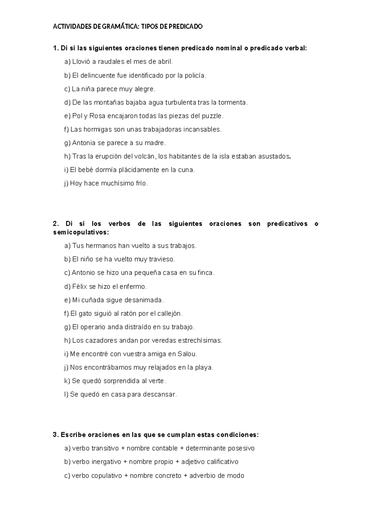 Actividades de Gramática: Tipos de Predicado y Verbos - Studocu