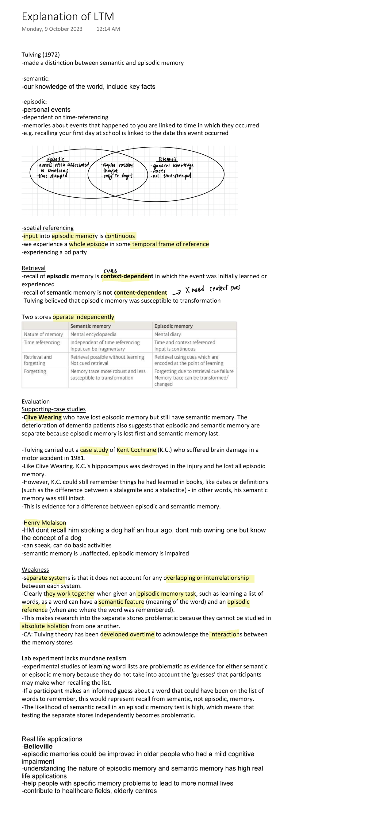 LTM Analysis: Semantic vs. Episodic Memory in A Level Psychology - Studocu