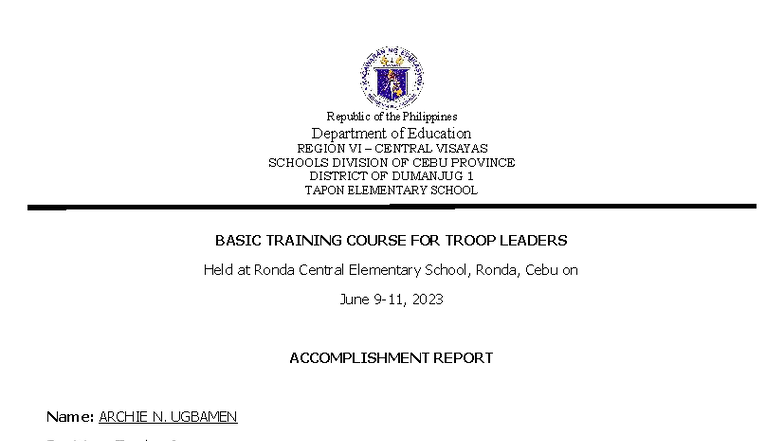 BSP Troop Leaders Basic Training Course Accomplishment Report - Studocu