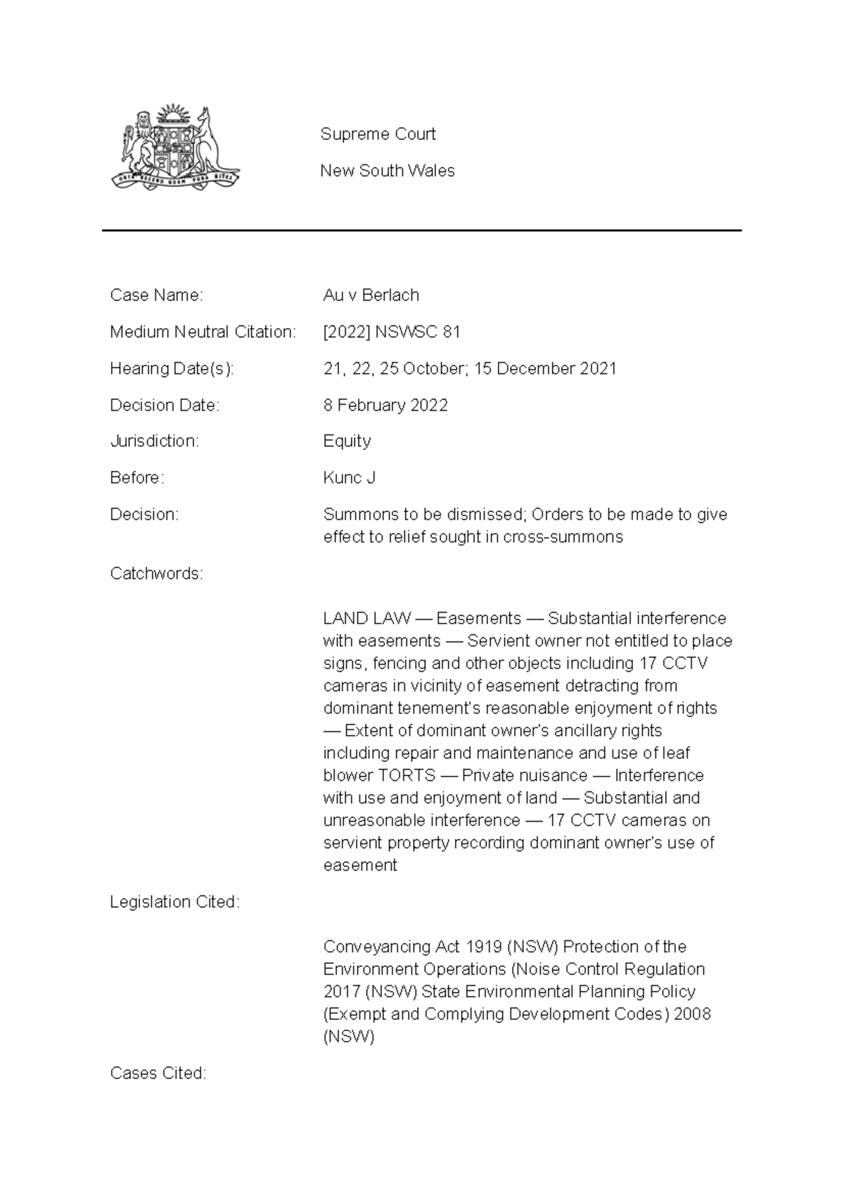 Au v Berlach [2022] NSWSC 81: Case Summary on Easements and Nuisance ...