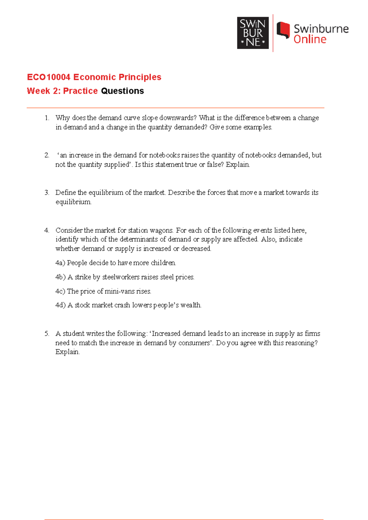ECO10004 Week 2: Practice Questions on Economic Principles - Studocu