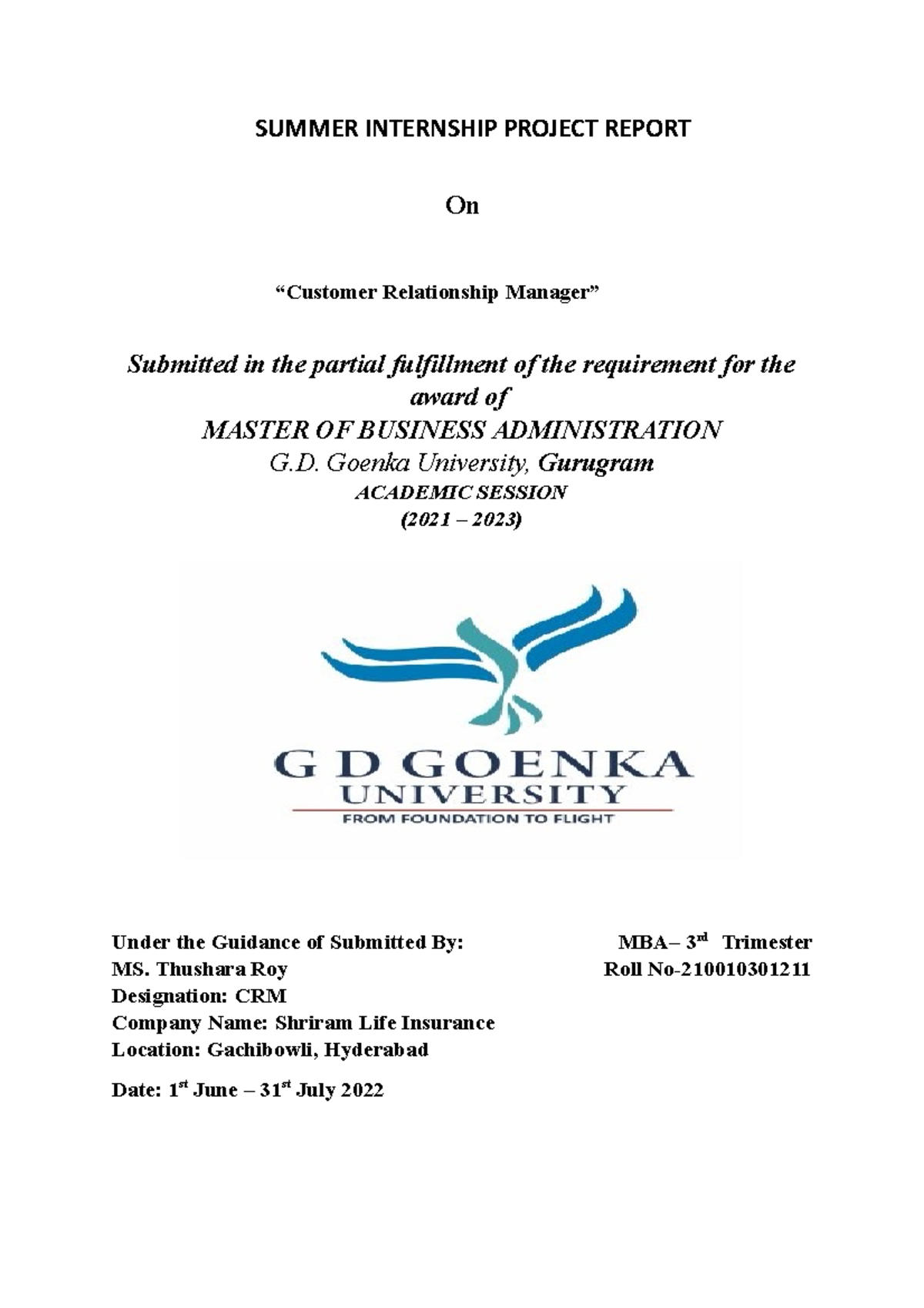 Sample - Summer Internship Project Report Format(Work Experience) (1) - SUMMER INTERNSHIP ...