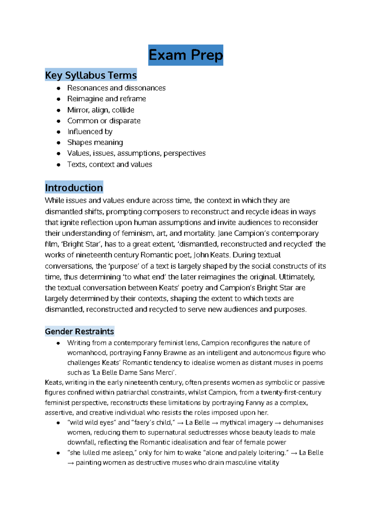 English Advanced - Module A - Keats and Bright Star: Exam Prep Notes ...