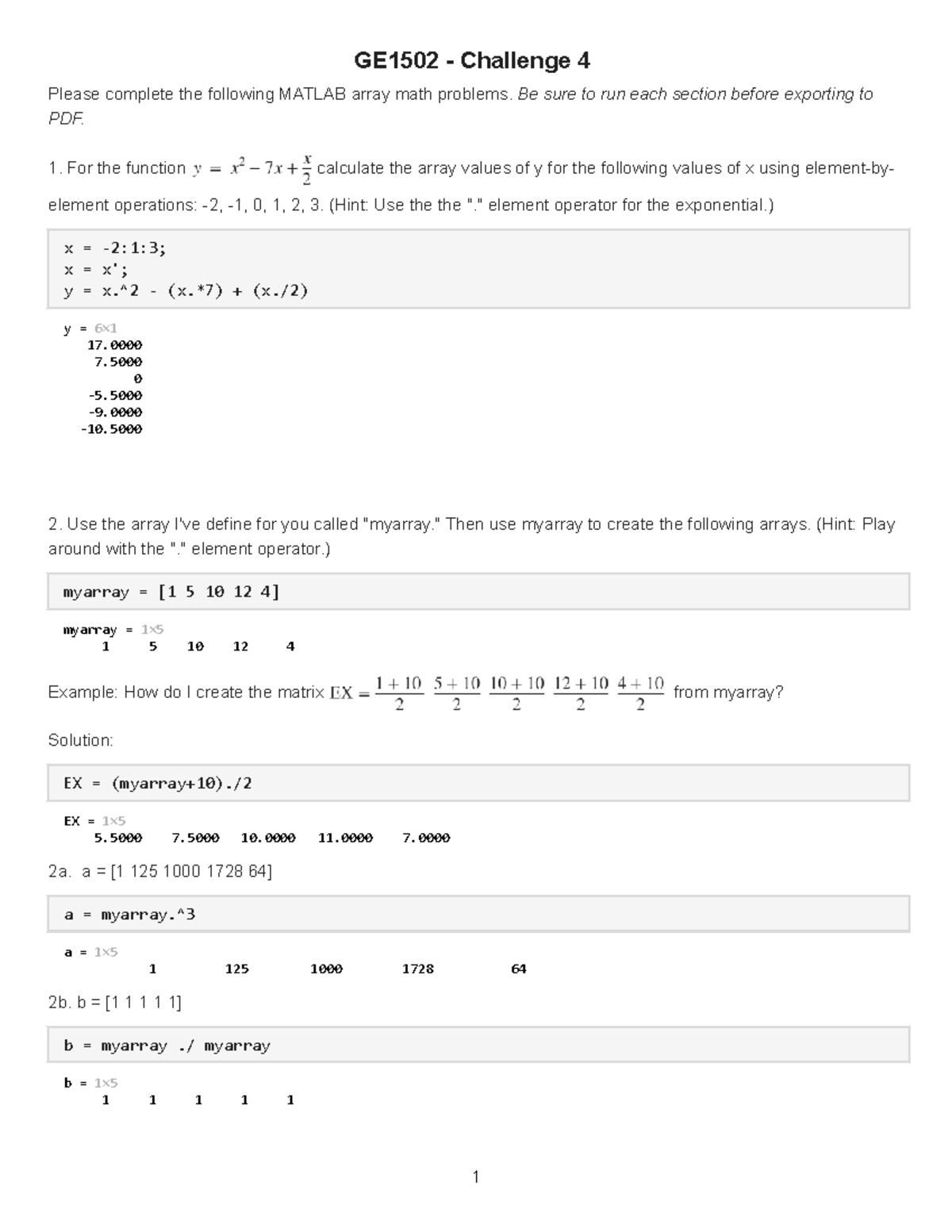 GE1502 Challenge 4: MATLAB Array Math Problems Solutions - Studocu