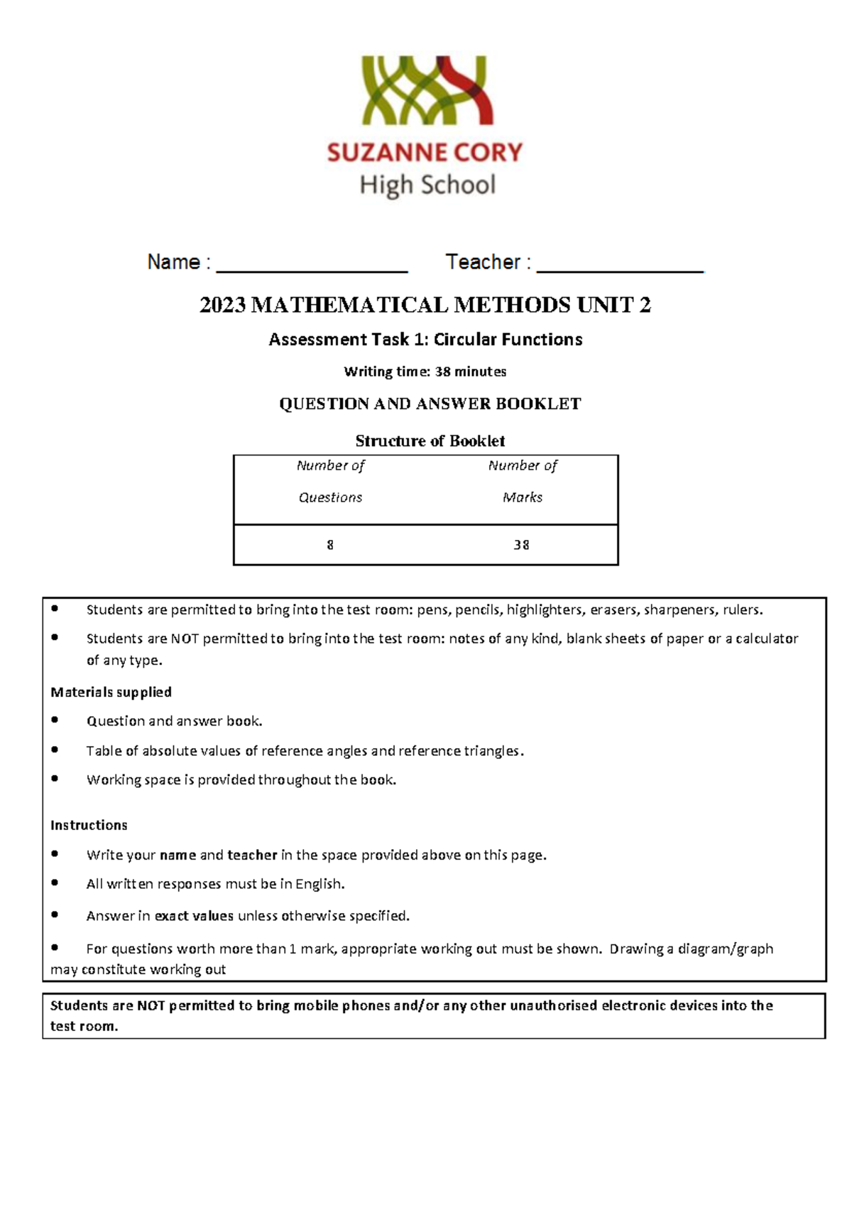 2023 MATHEMATICAL METHODS UNIT 2 Task 1 Solutions: Circular Functions ...