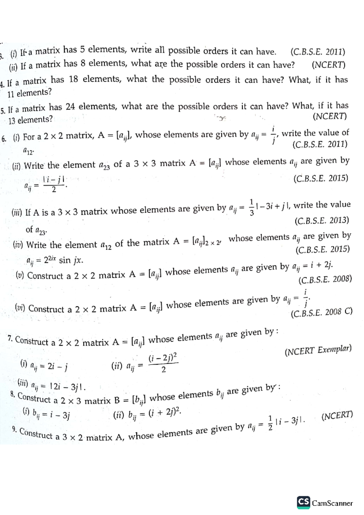 Matrices practice problems - (i) If a matrix has 5 elements, write all ...