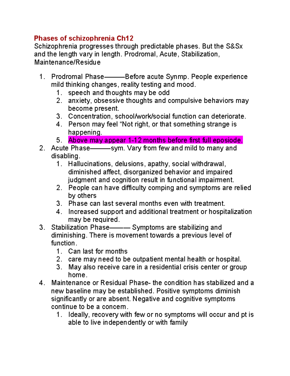 Phases of Schizophrenia and Comorbidities: Study Guide for Ch12 - Studocu