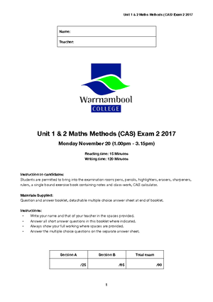 2022 Maths Methods Units 1 and 2 Exam 1 solutions - MATHS METHODS UNITS ...