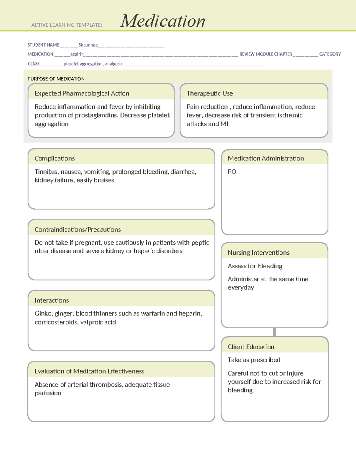 Aspirin Drug Card: Pharmacology, Administration, and Nursing Actions ...