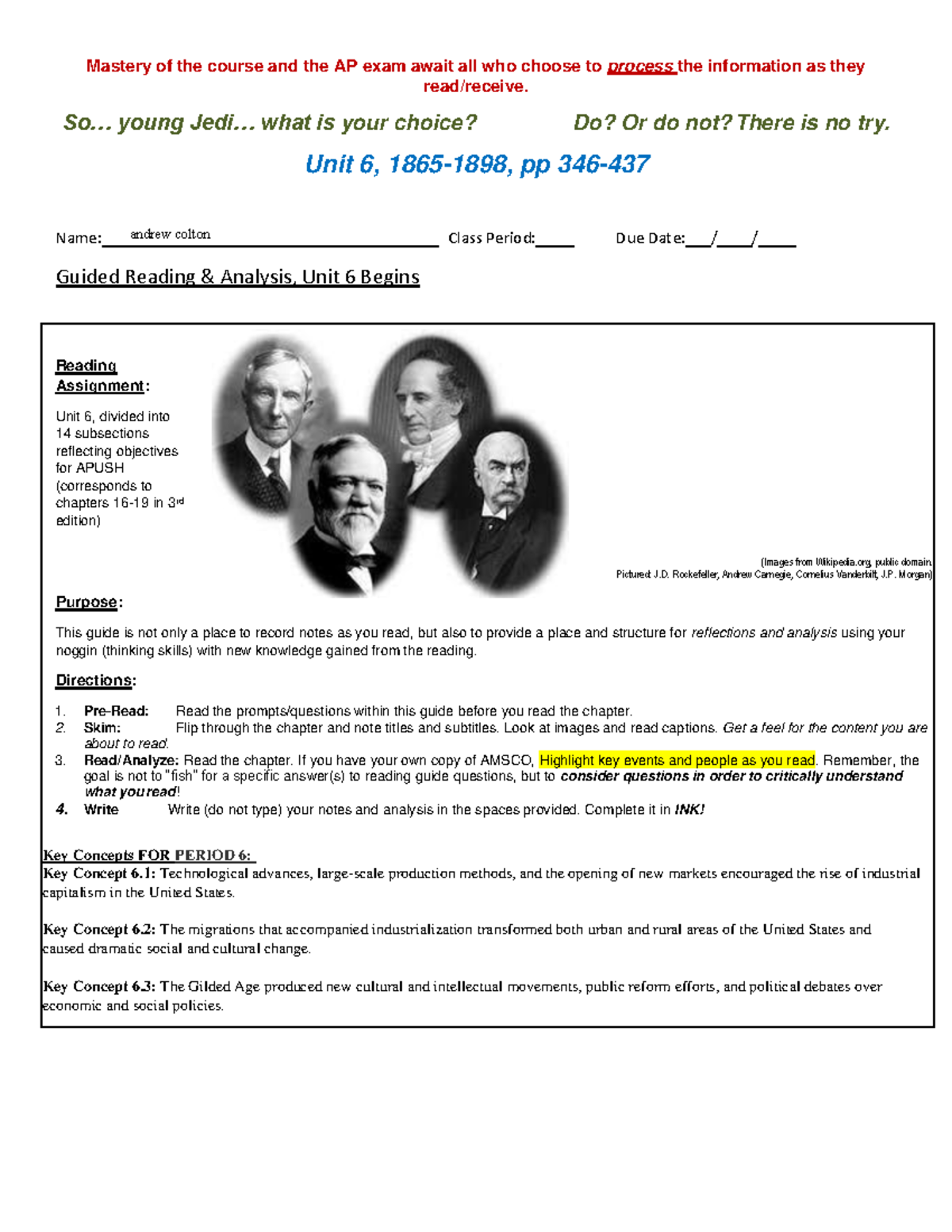 APUSH Unit 6.1 & 6.2 Guided Reading and Analysis (1865-1898) - Studocu