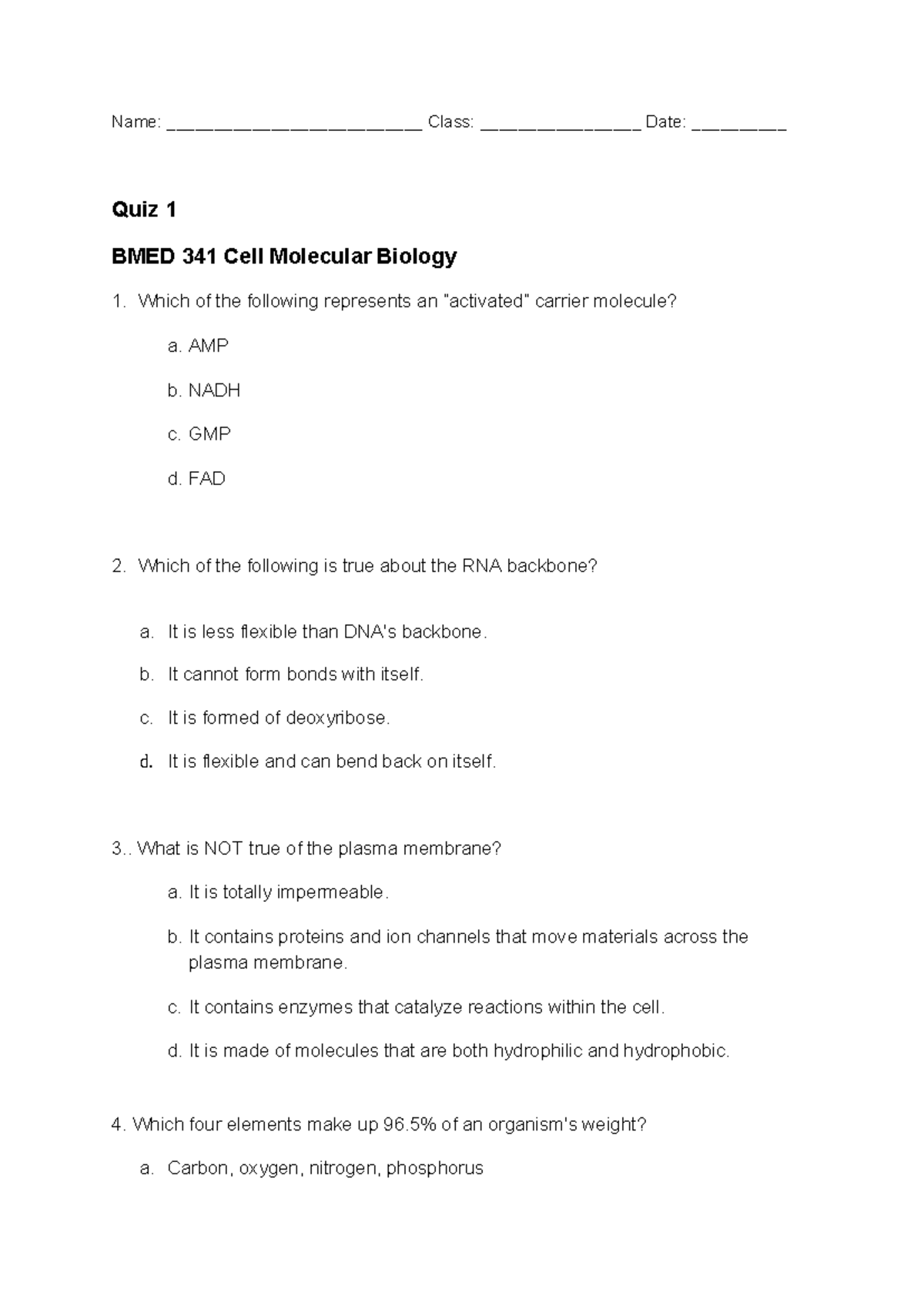 Quiz 1 Practice BMED 341: Cell Molecular Biology Questions & Answers ...