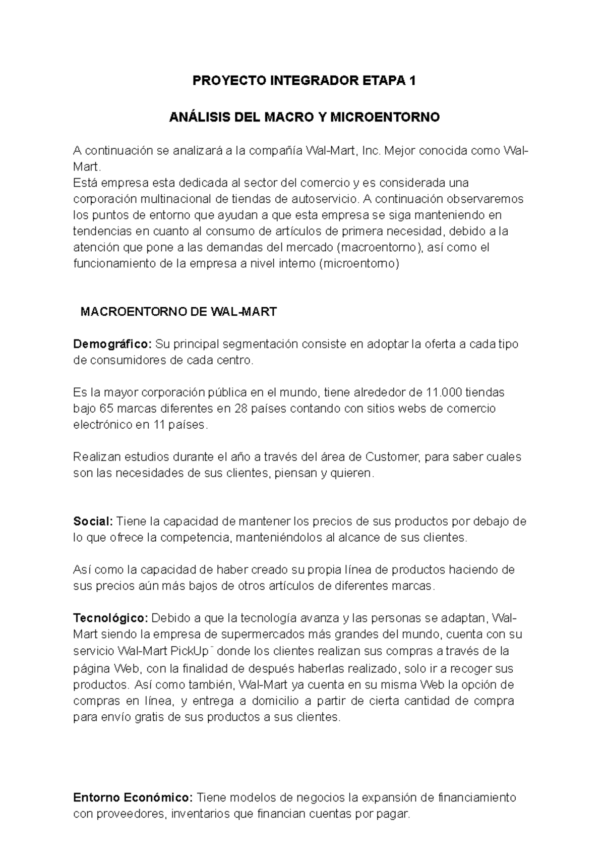 A6 U6 Proyecto Integrador: Análisis del Macro y Microentorno de Walmart - Studocu