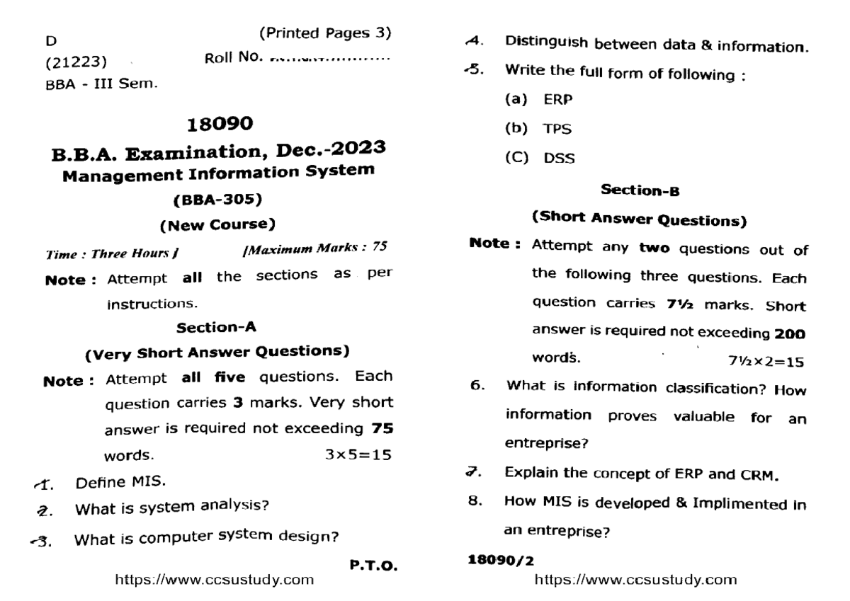 BBA 3 Sem Management Information System (18090) Dec 2023 Exam Notes ...