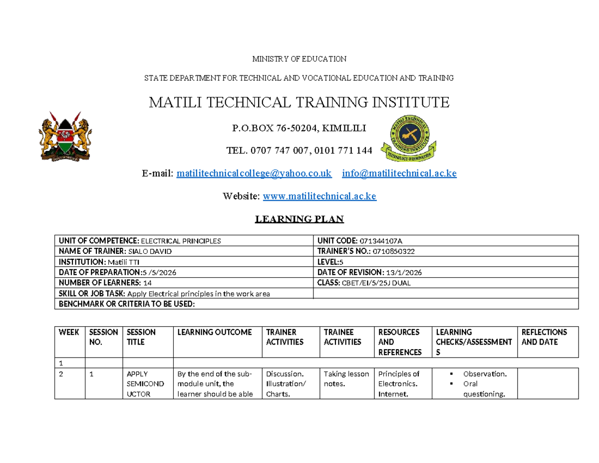 Learning Plan: Electrical Principles Unit Code 071344107A - Studocu