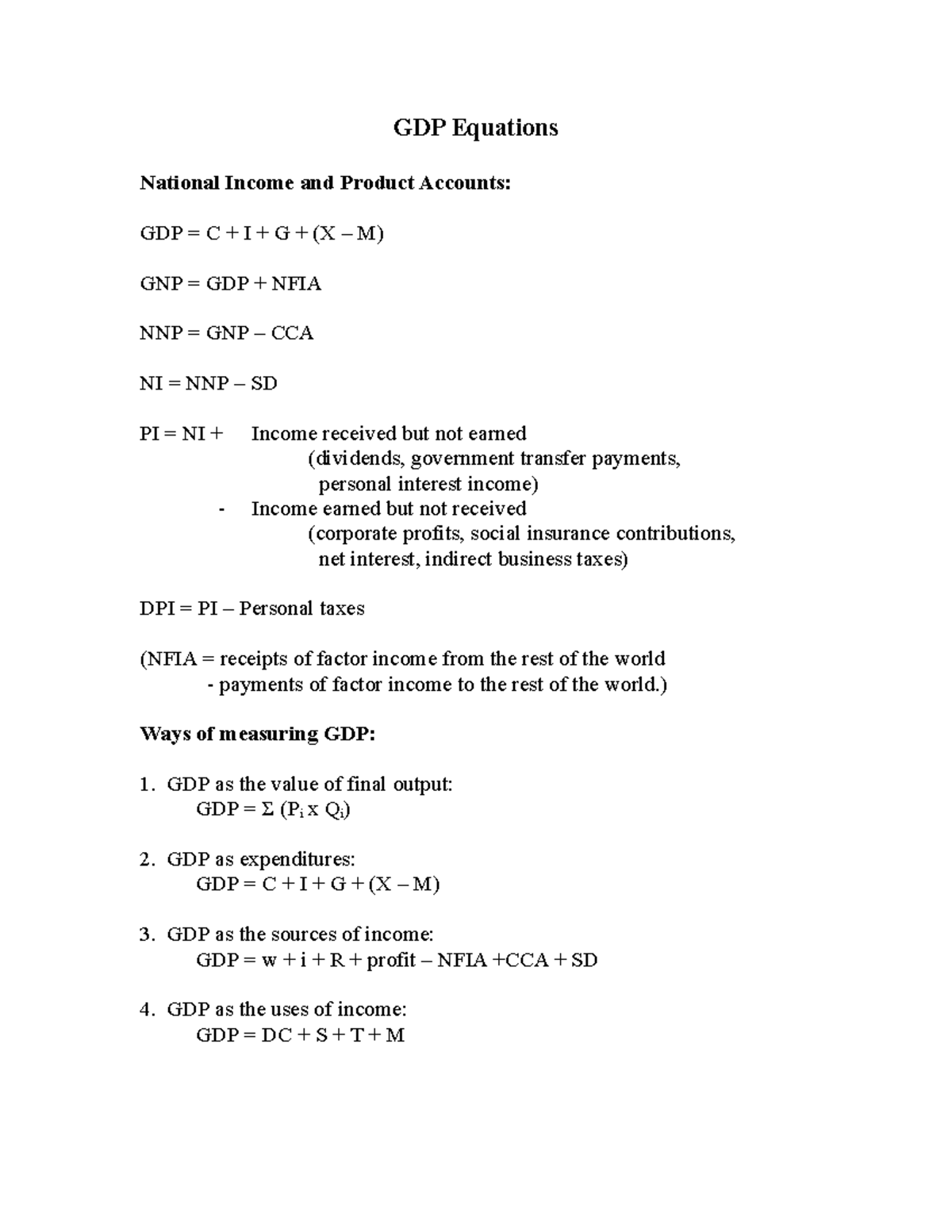 GDP Equations - review sheet - GDP Equations National Income and ...