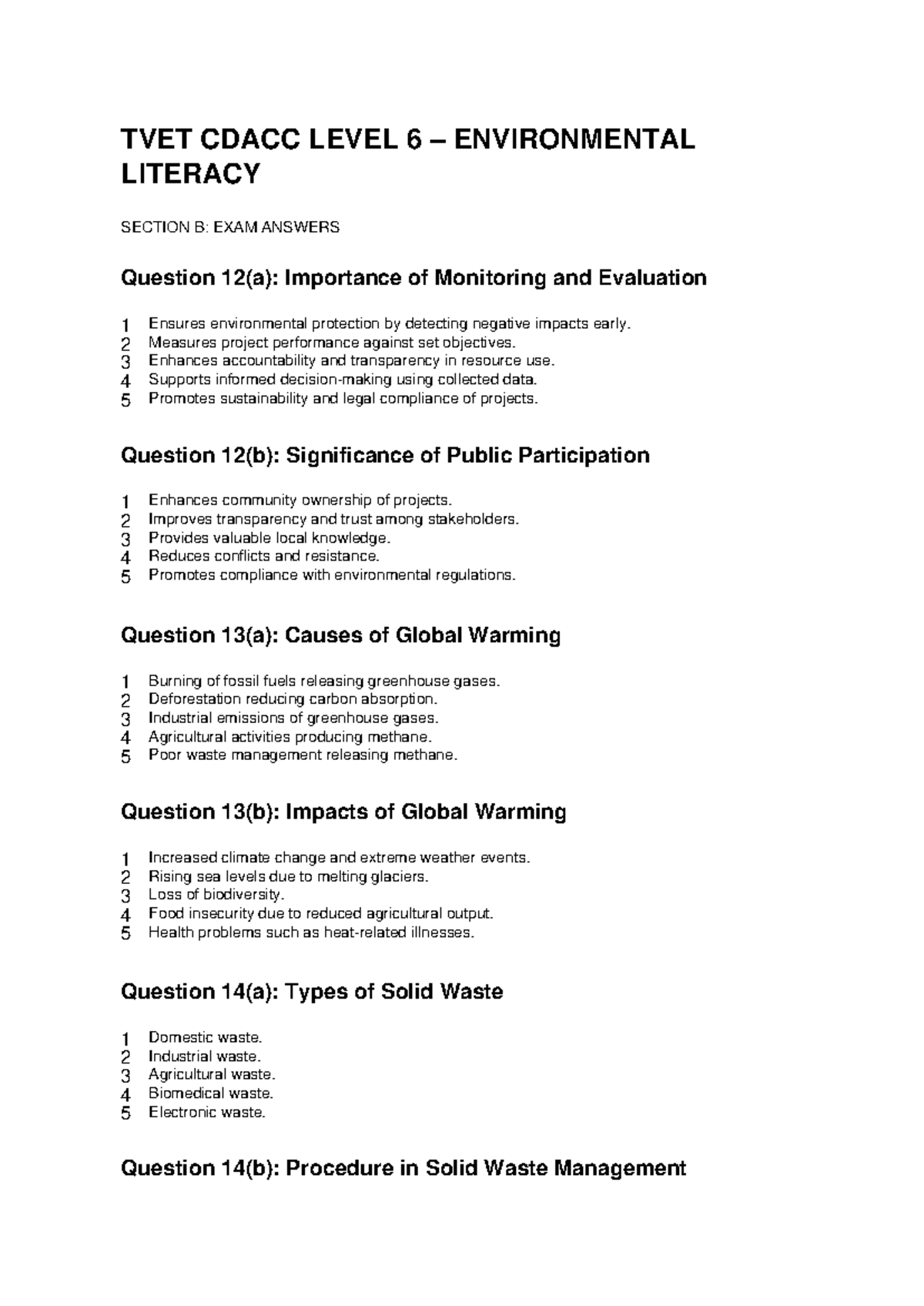 TVET CDACC LEVEL 6 ENVIRONMENTAL LITERACY SECTION B: EXAM ANSWERS - Studocu