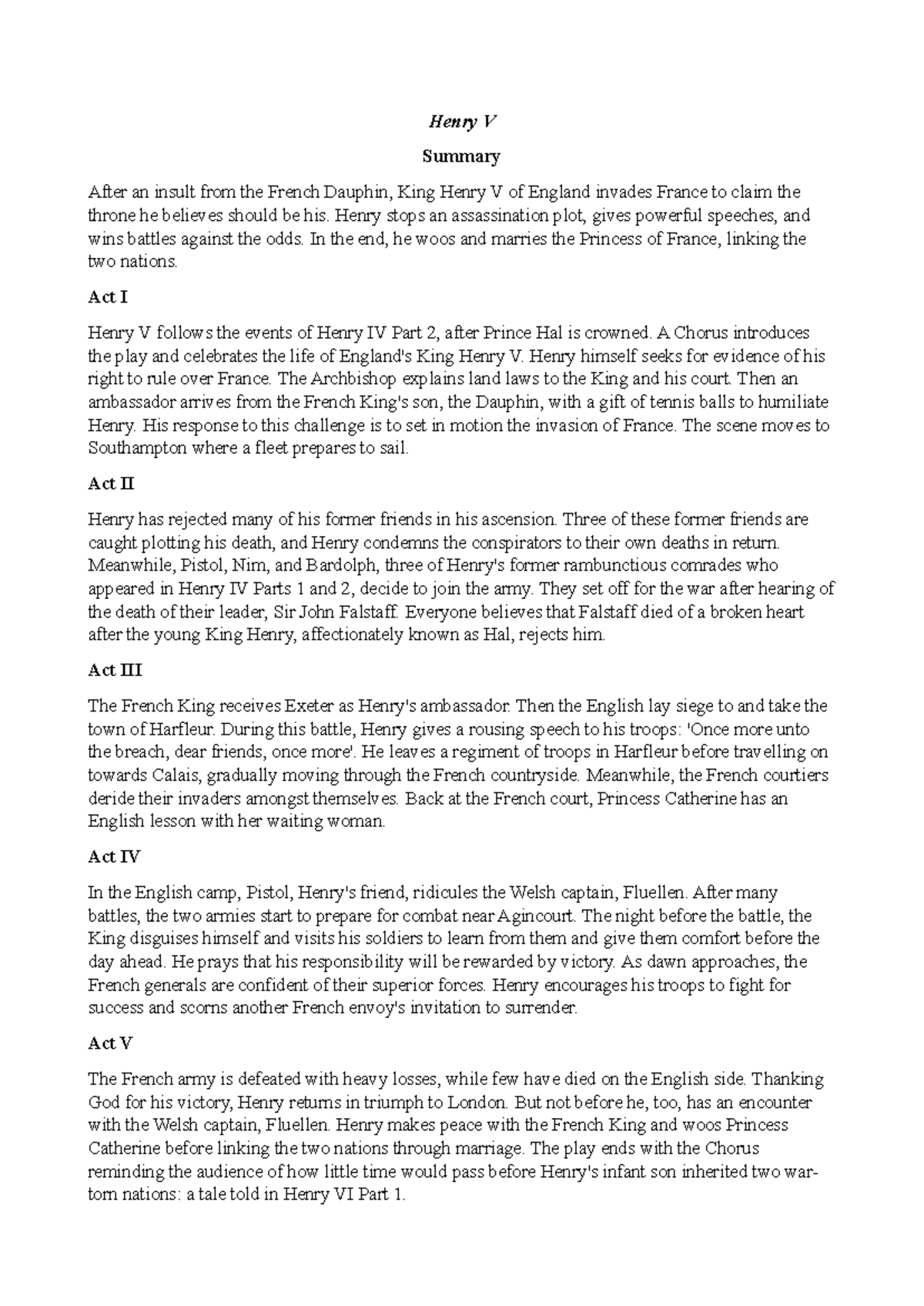 Henry V Summary - Key Events and Analysis - Studocu