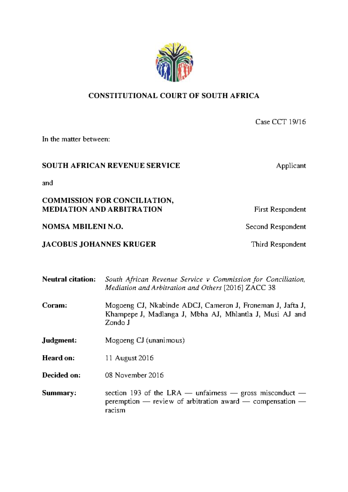 LAPD DRJ CC 2016 01 SARS v CCMA and Others CCT 19 ZACC 38 8 November ...