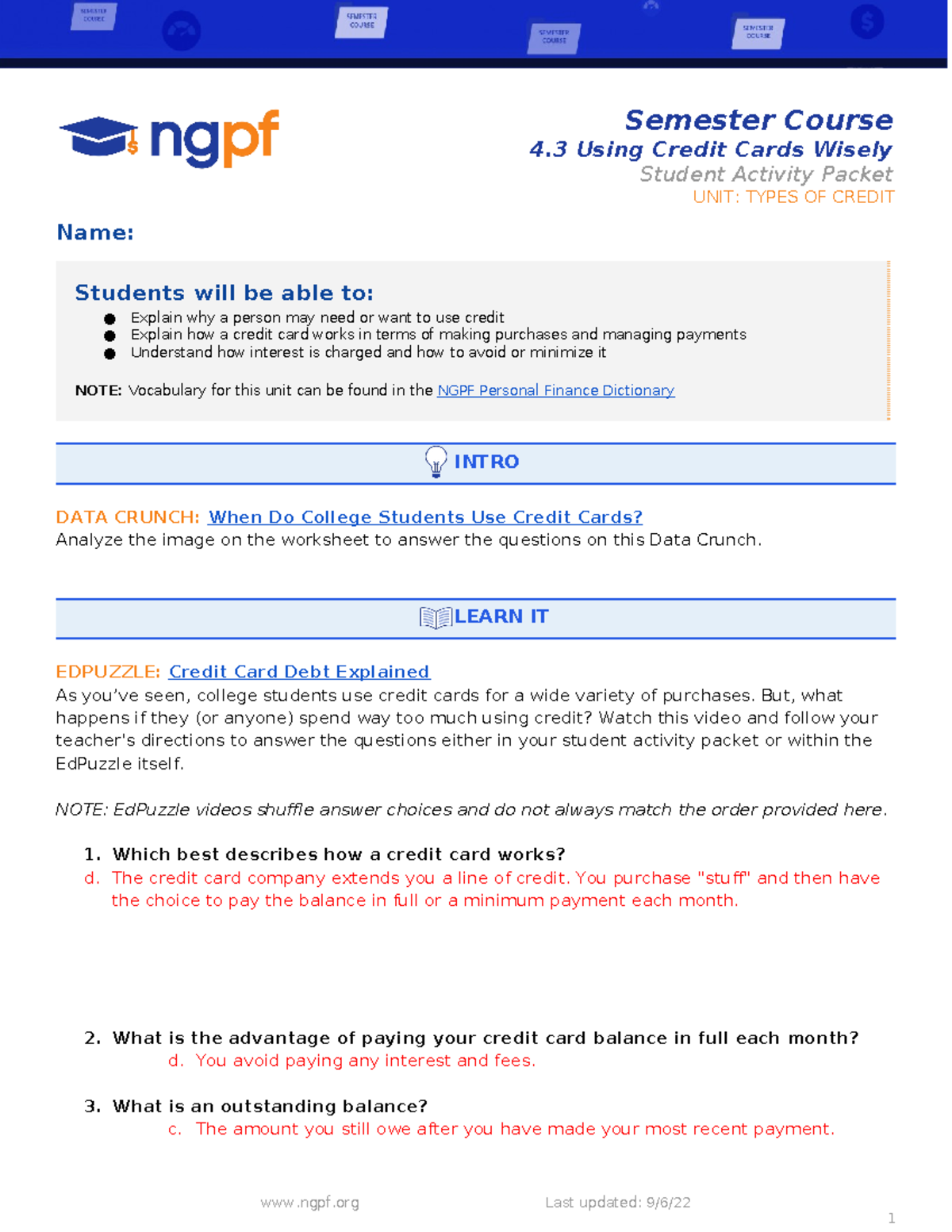 SC-4.3 Using Credit Cards Wisely: Student Activity Packet - Studocu