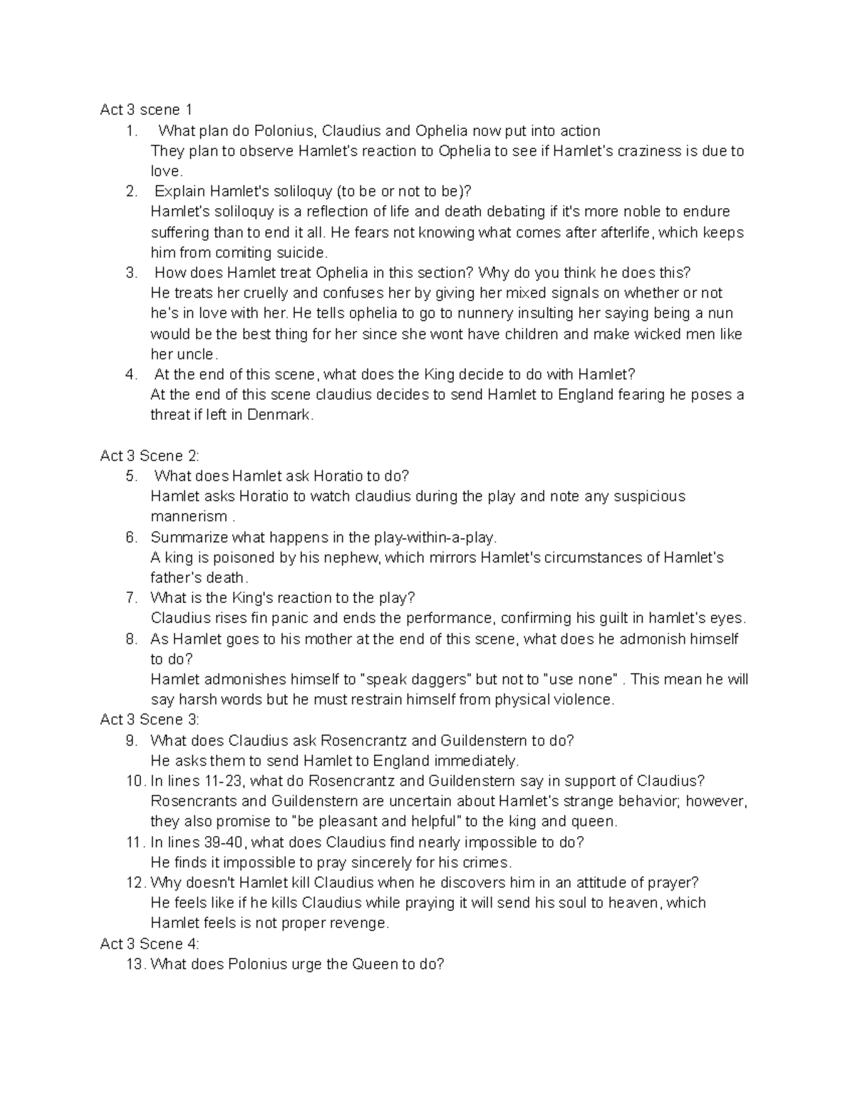 Hamlet (ENG 201) Act 3 & 4 Analysis: Key Questions and Insights - Studocu