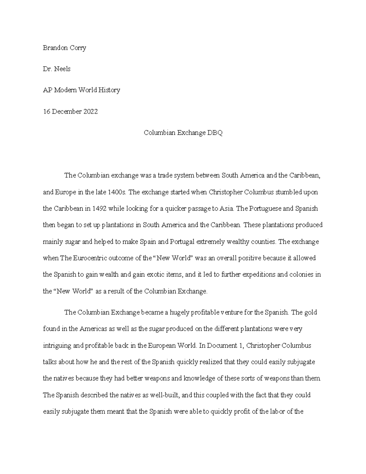 AP Modern World History: Columbian Exchange DBQ Analysis - Studocu