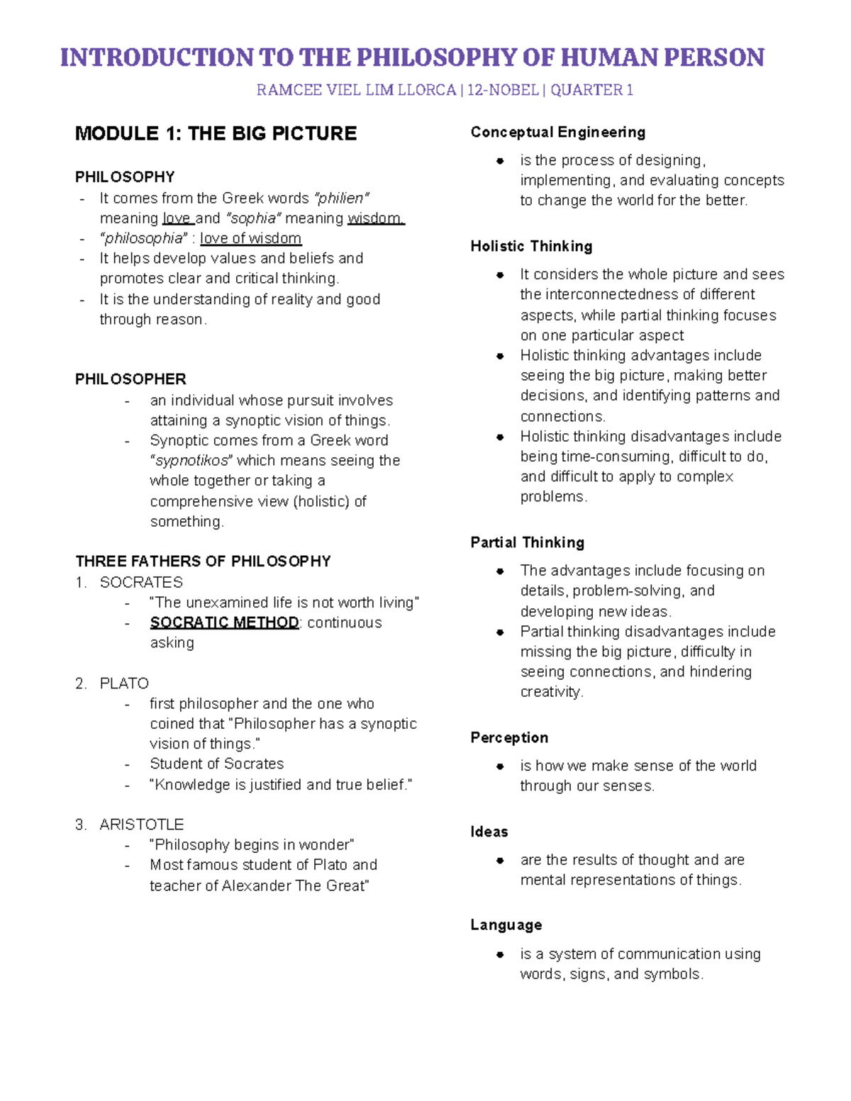 Philosophy Quarter 1 - RAMCEE VIEL LIM LLORCA | 12-NOBEL | QUARTER 1 ...