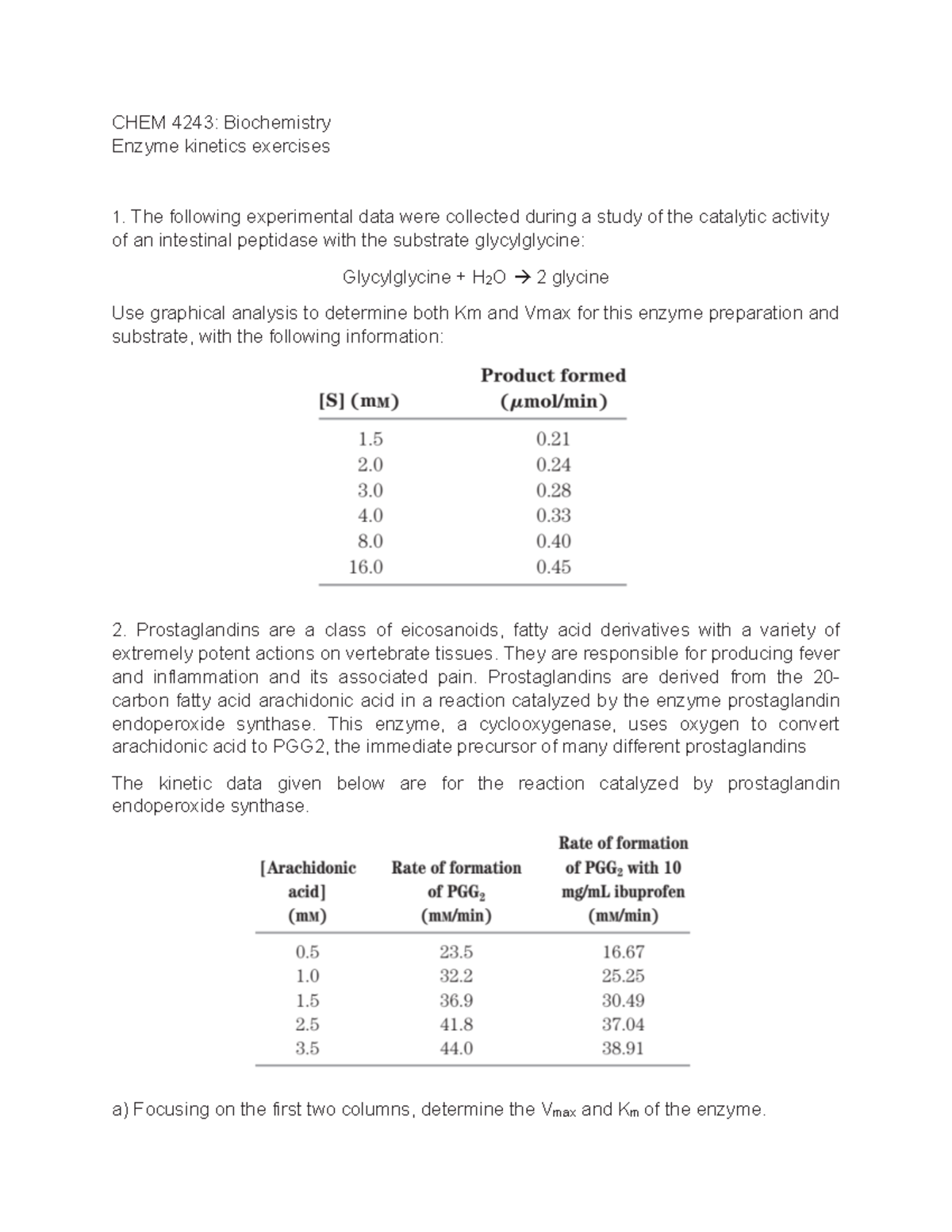CHEM 4243: Biochemistry Enzyme Kinetics Exercises & Analysis - Studocu