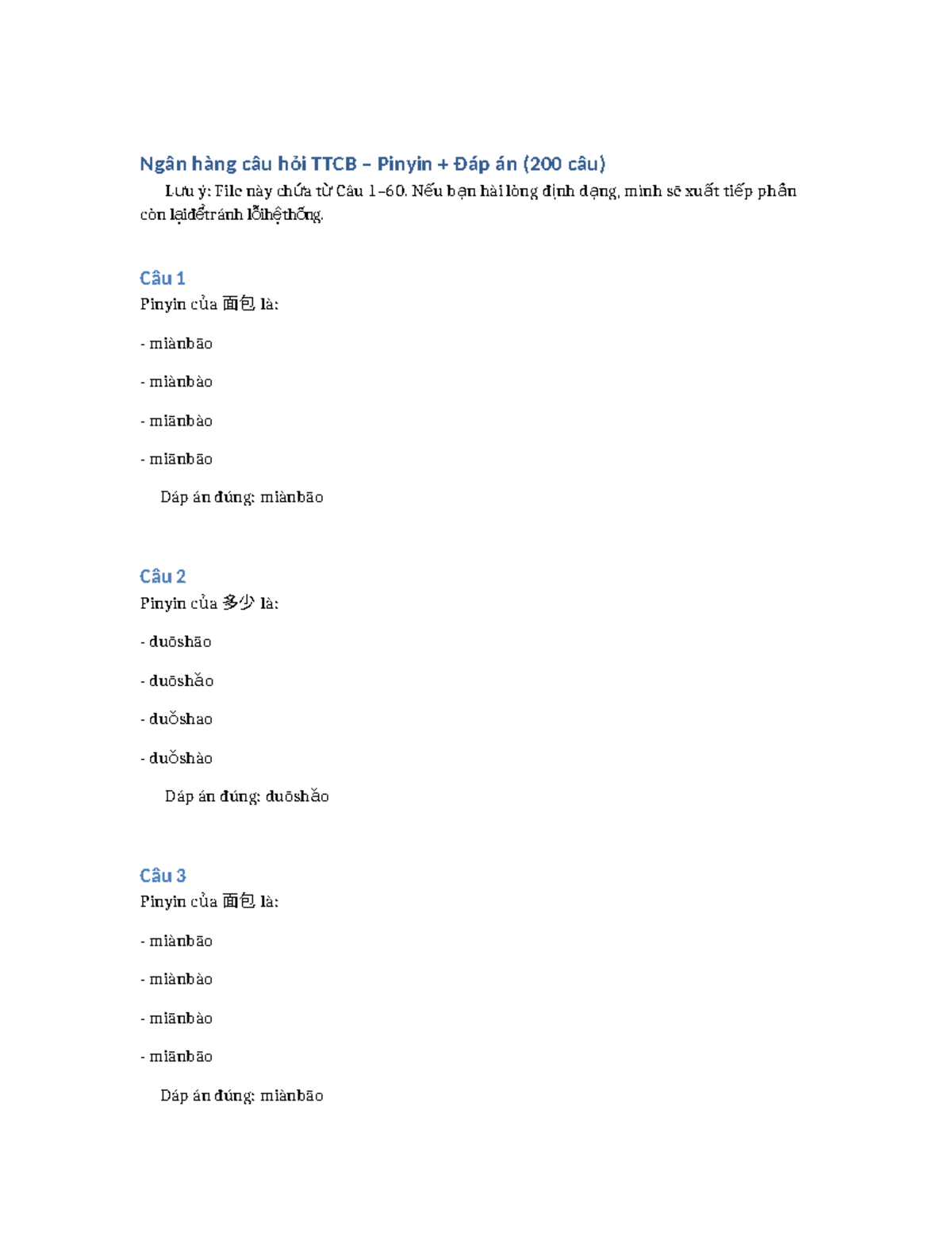 TTCB 1: Ngân Hàng Câu Hỏi Pinyin Đáp Án (200 Câu) - Studocu